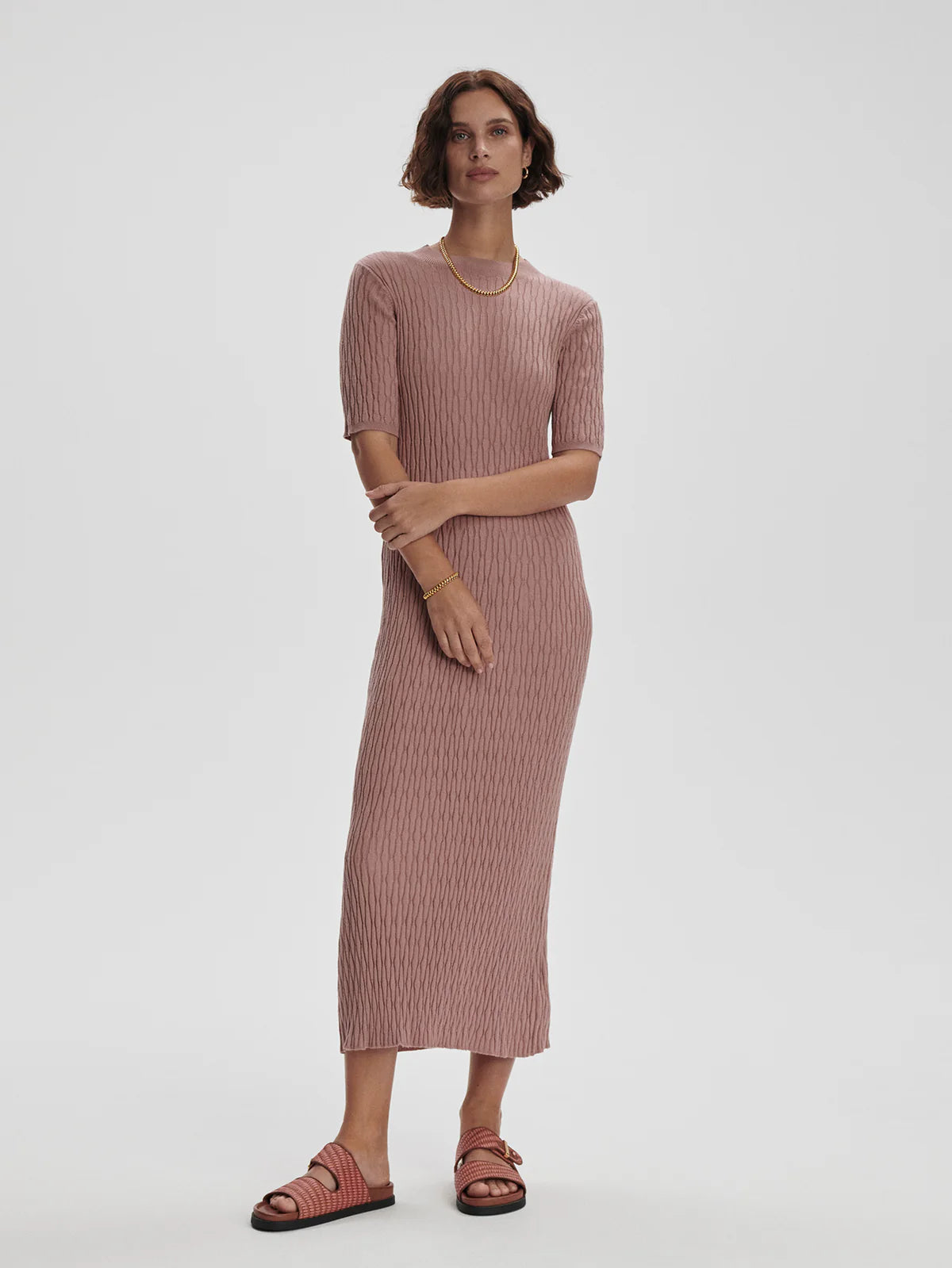 Fara Textured Knit Midi Dress- Woodrose – Clementine
